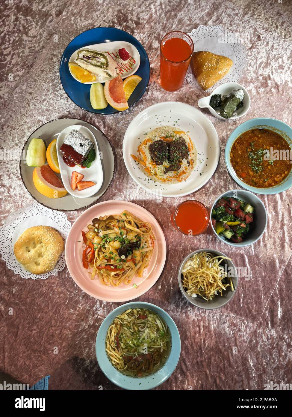 lunch in a cafe top view a table full of food Stock Photo - Alamy