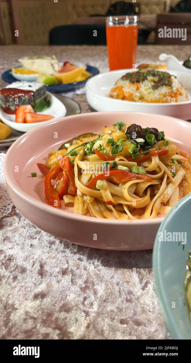lunch in a cafe top view a table full of food Stock Photo - Alamy