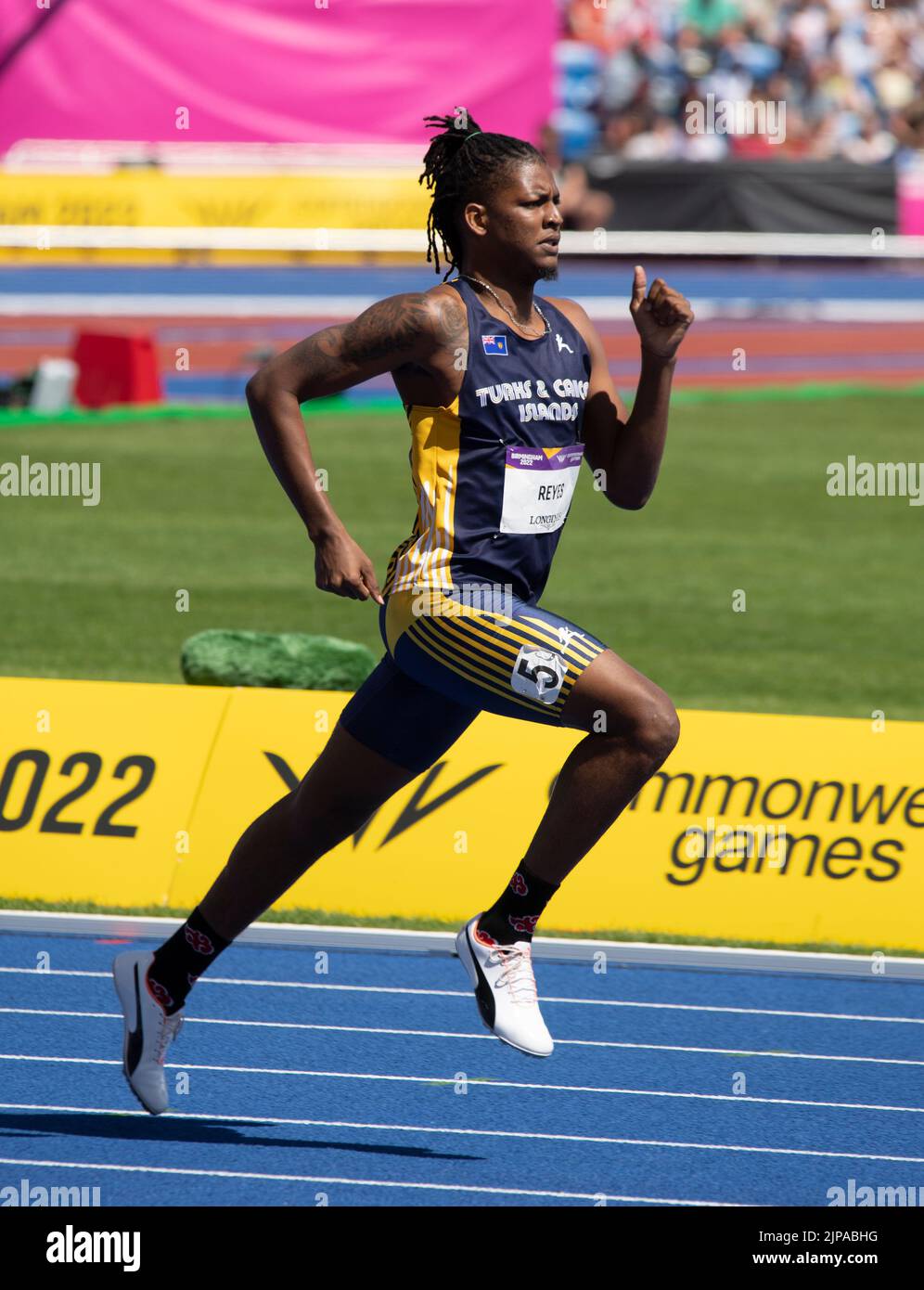 Ken Reyes competing in the men's 400m heats at the Commonwealth Games at Alexander Stadium ...