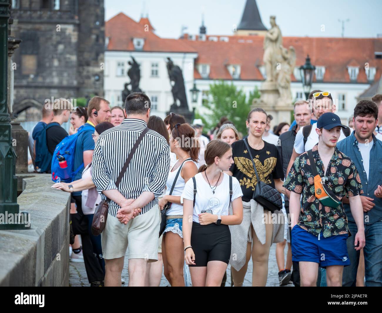 Prague, Czech Republic - June 2022: Crowds of tourist people walking ...