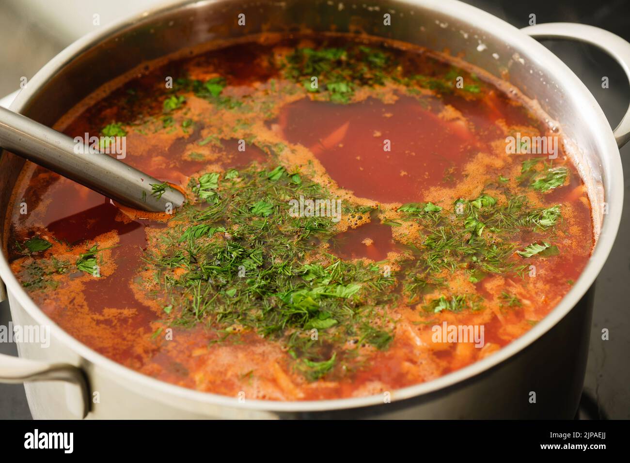 Pot of freshly cooked delicious traditional ukrainian borscht on a ...