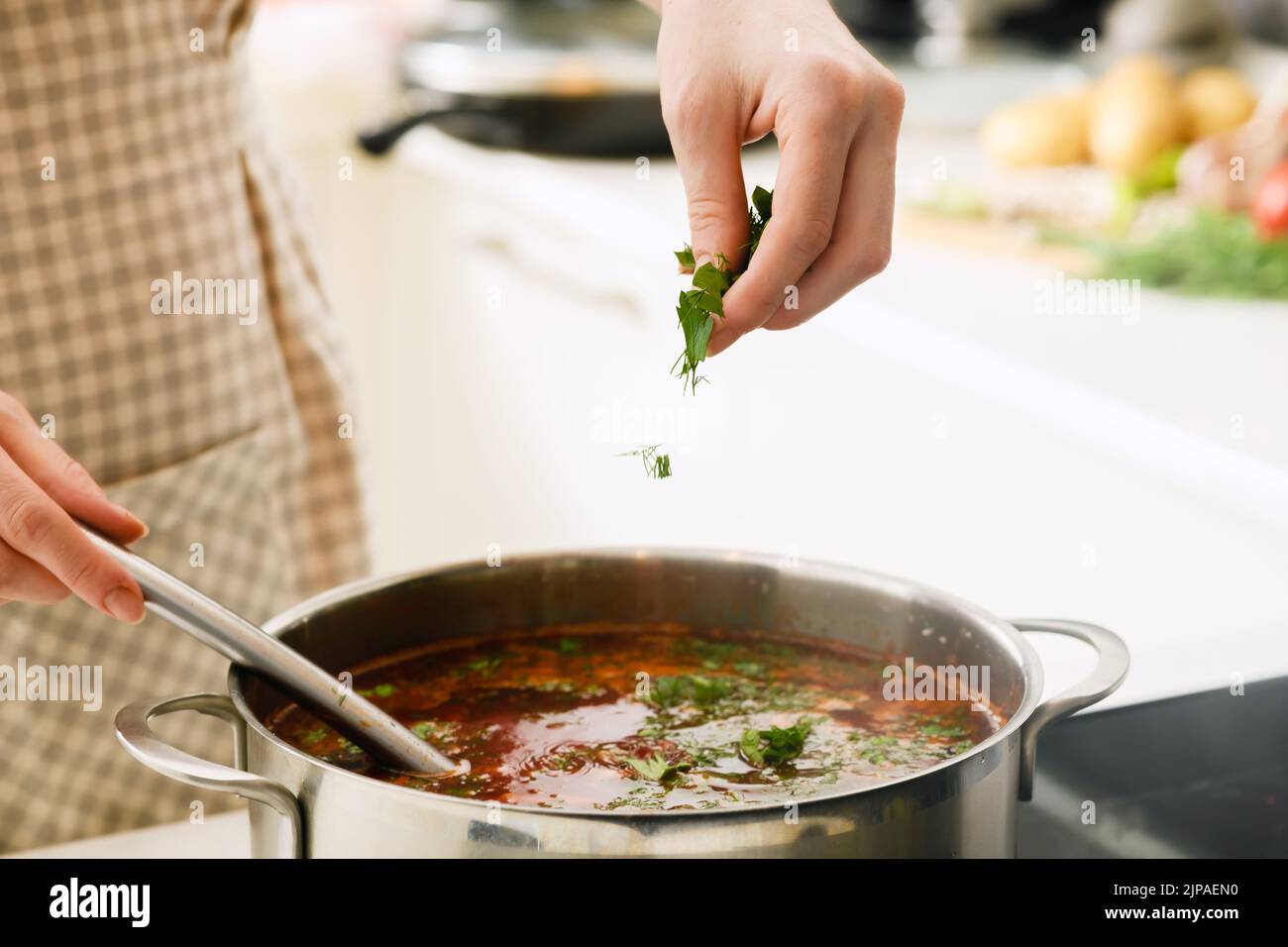 A woman cooks Ukrainian borscht in the kitchen. A woman in an apron ...