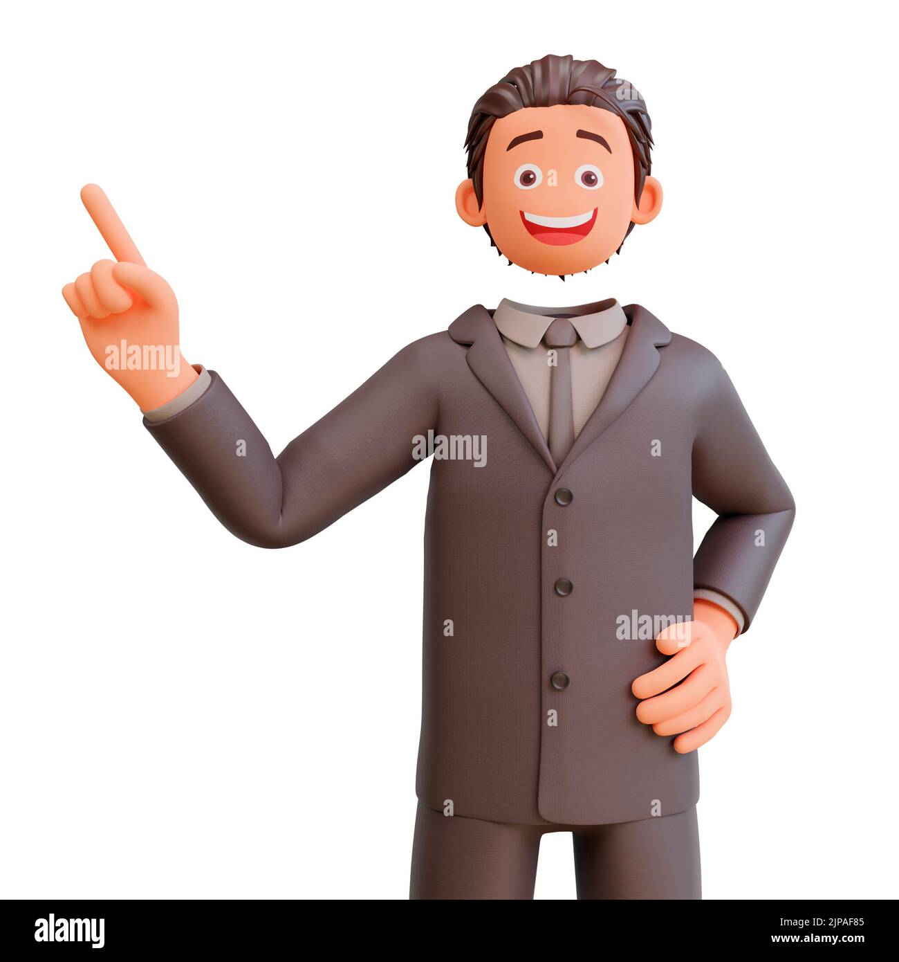 A 3d illustration of a businessman pointing up on a white background ...