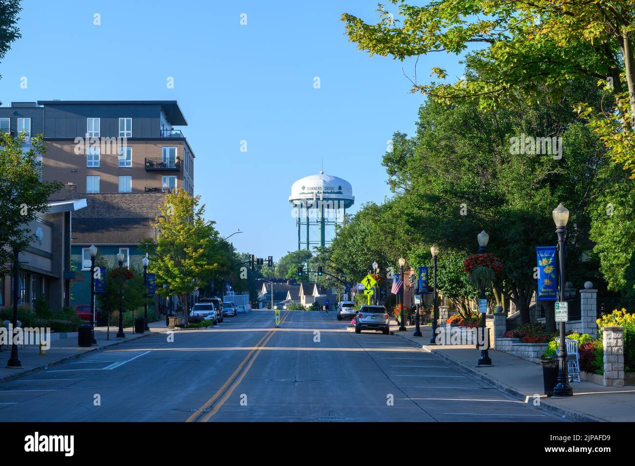 Early summer morning view of Downers Grove, Illinois Main Street ...