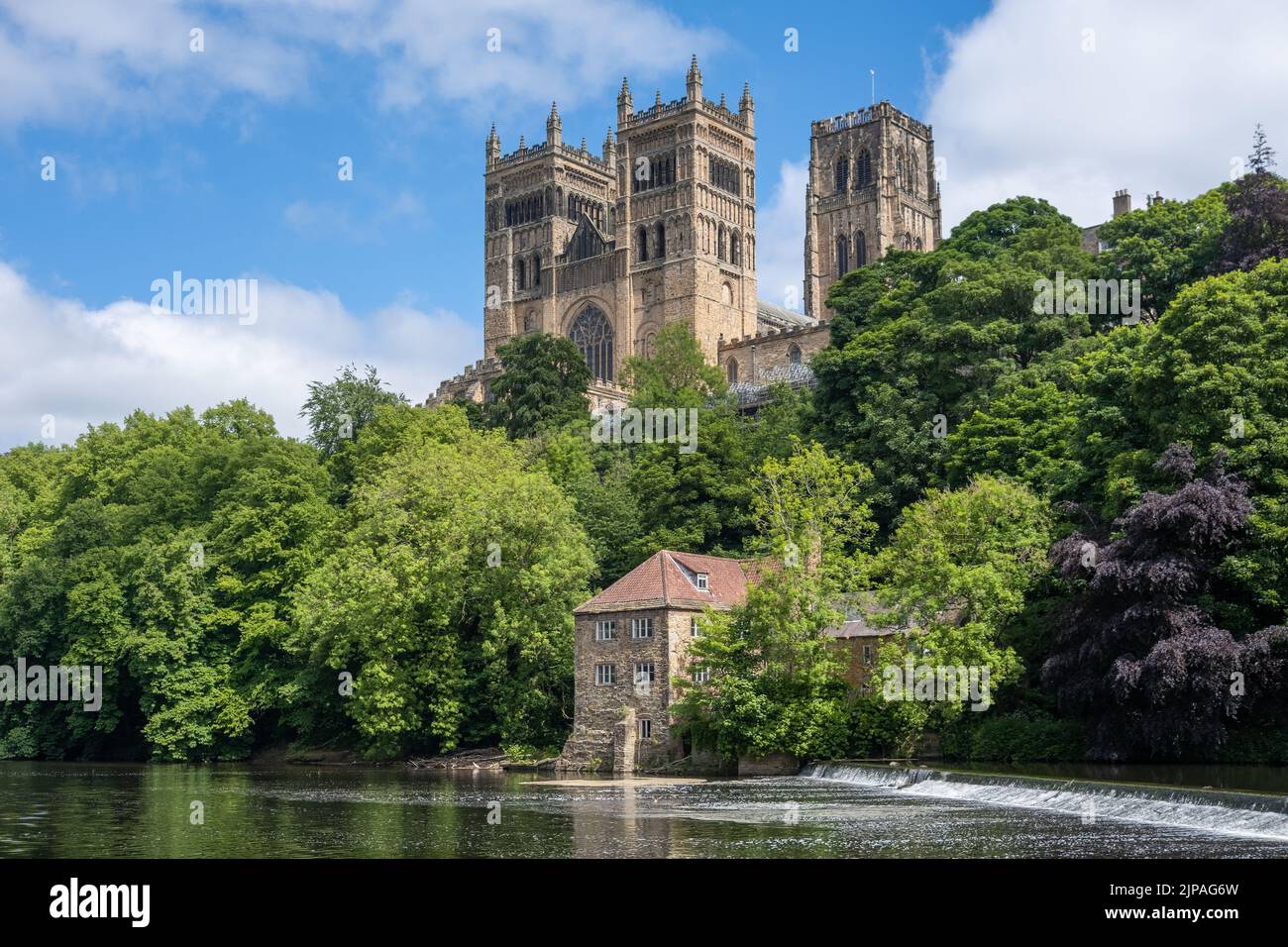 Durham Cathedral, as viewed from below on the River Wear on a beautiful ...