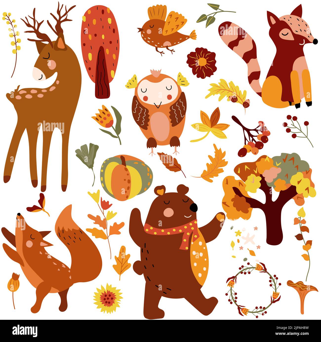 Autumn set, cute woodland animals cute deer, cunning fox, owl and ...