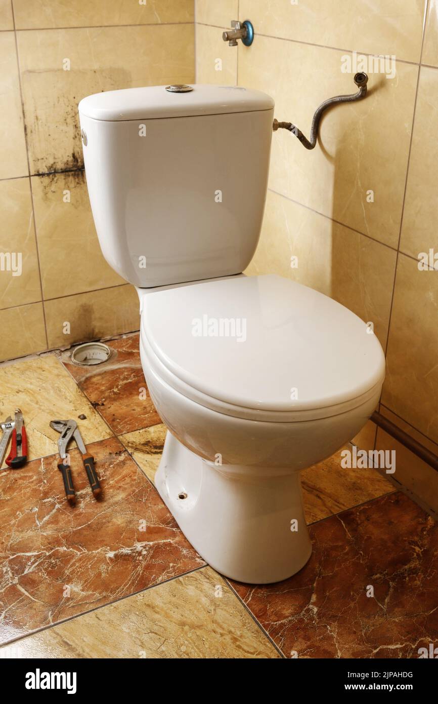 A plumber is repairing an old broken toilet. Sanitary servece Stock ...