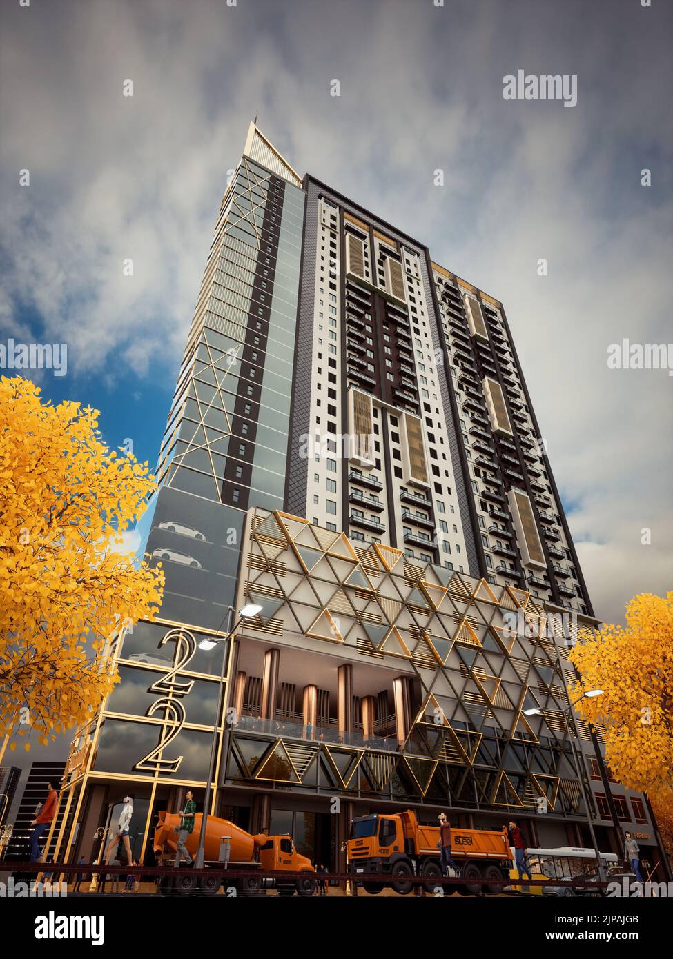 Tall modern apartment building, surrounded by tree Stock Photo - Alamy