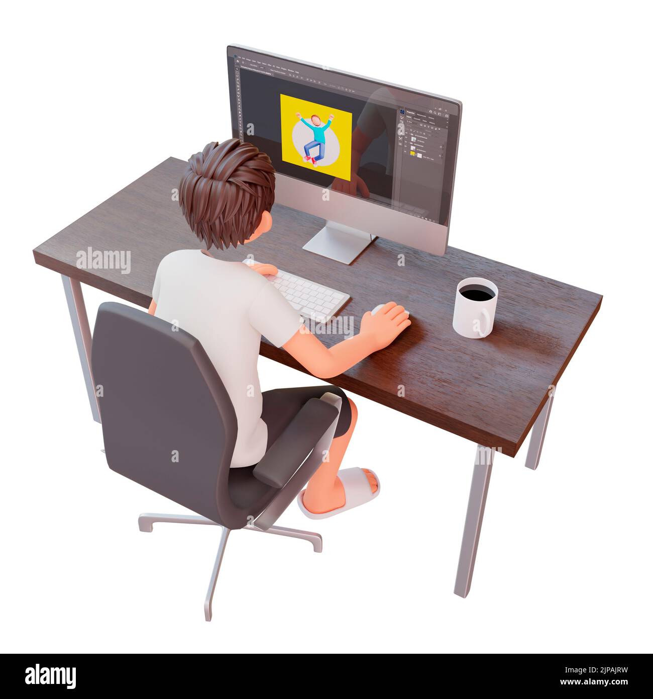 A 3d render of a young man sitting in front of his desk with a computer ...