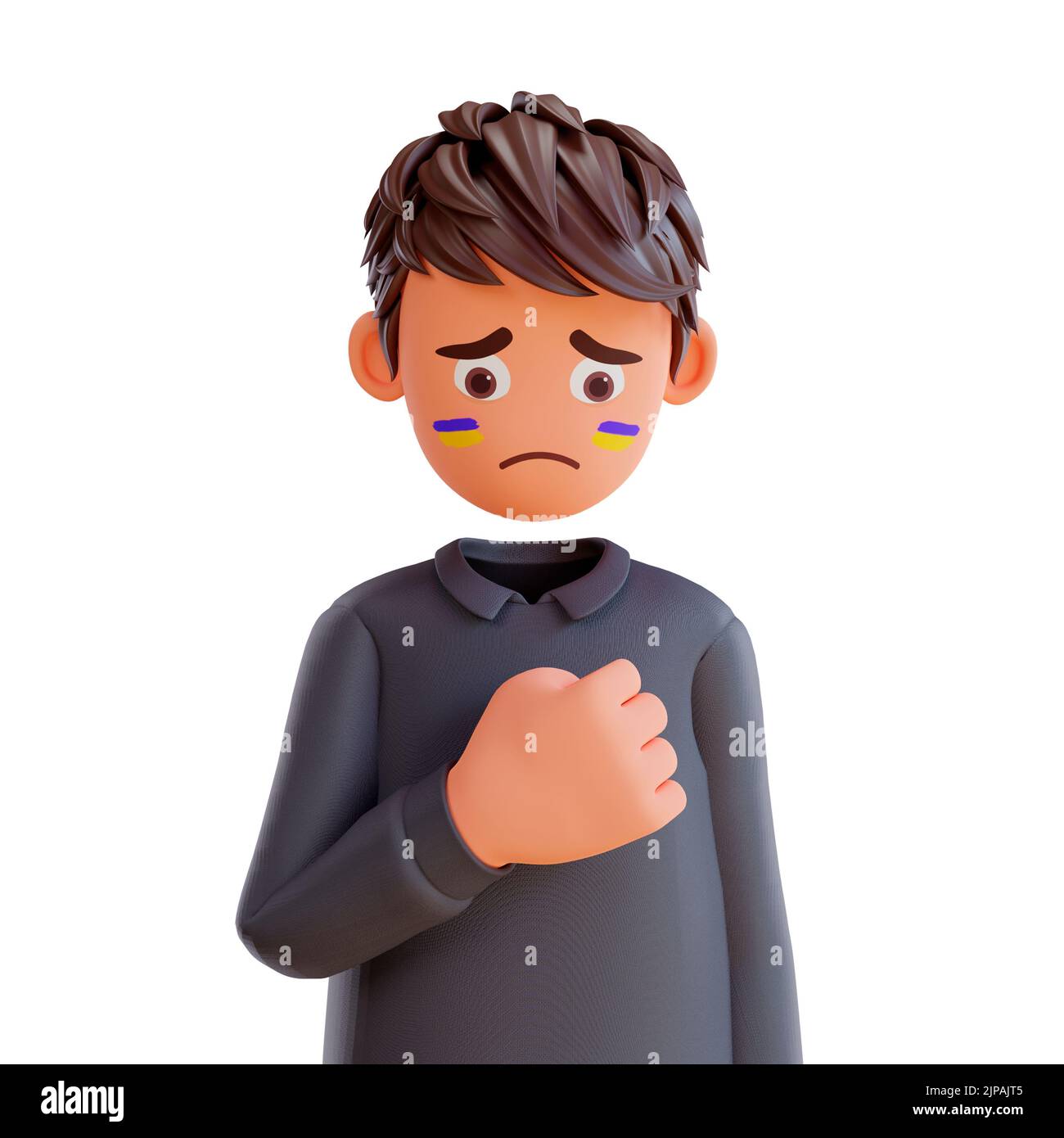 A 3d render of a sad man with painted Ukrainian flags on his cheeks and ...