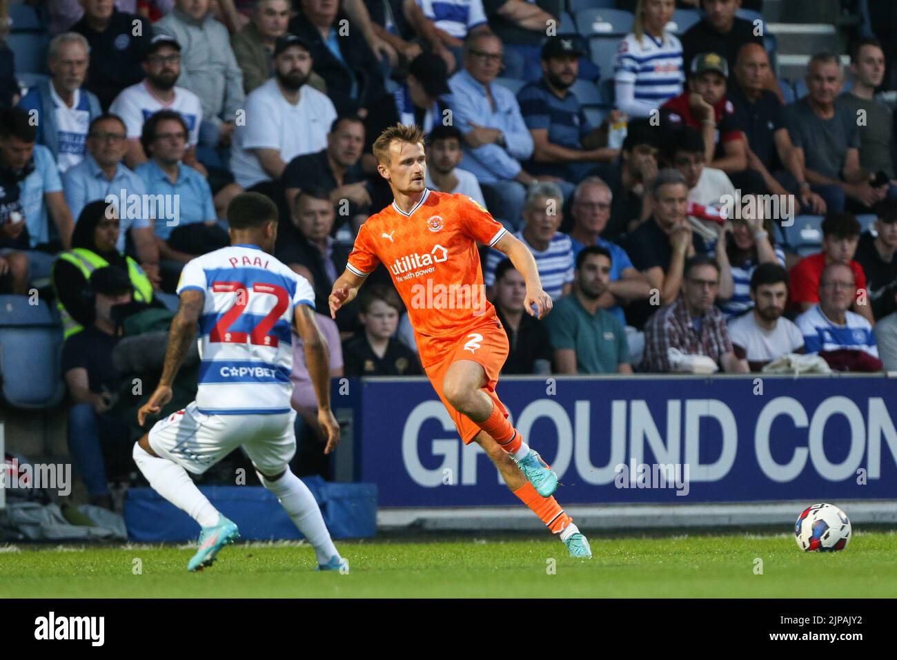 London, UK. 16th Aug, 2022. Callum Connolly #2 of Blackpool passes the ...