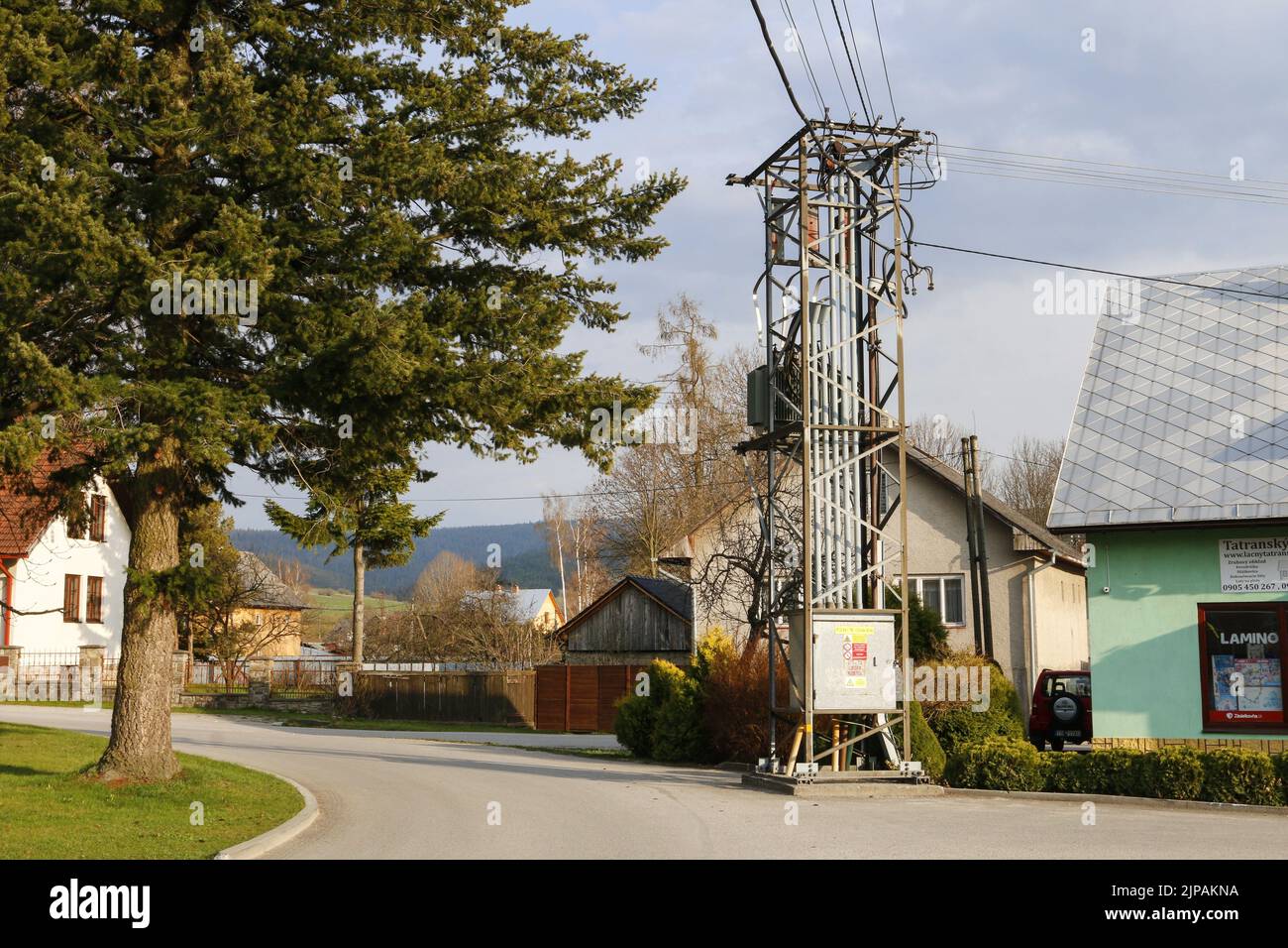 Power pole with electric wires in Liesek, Slovakia Stock Photo - Alamy