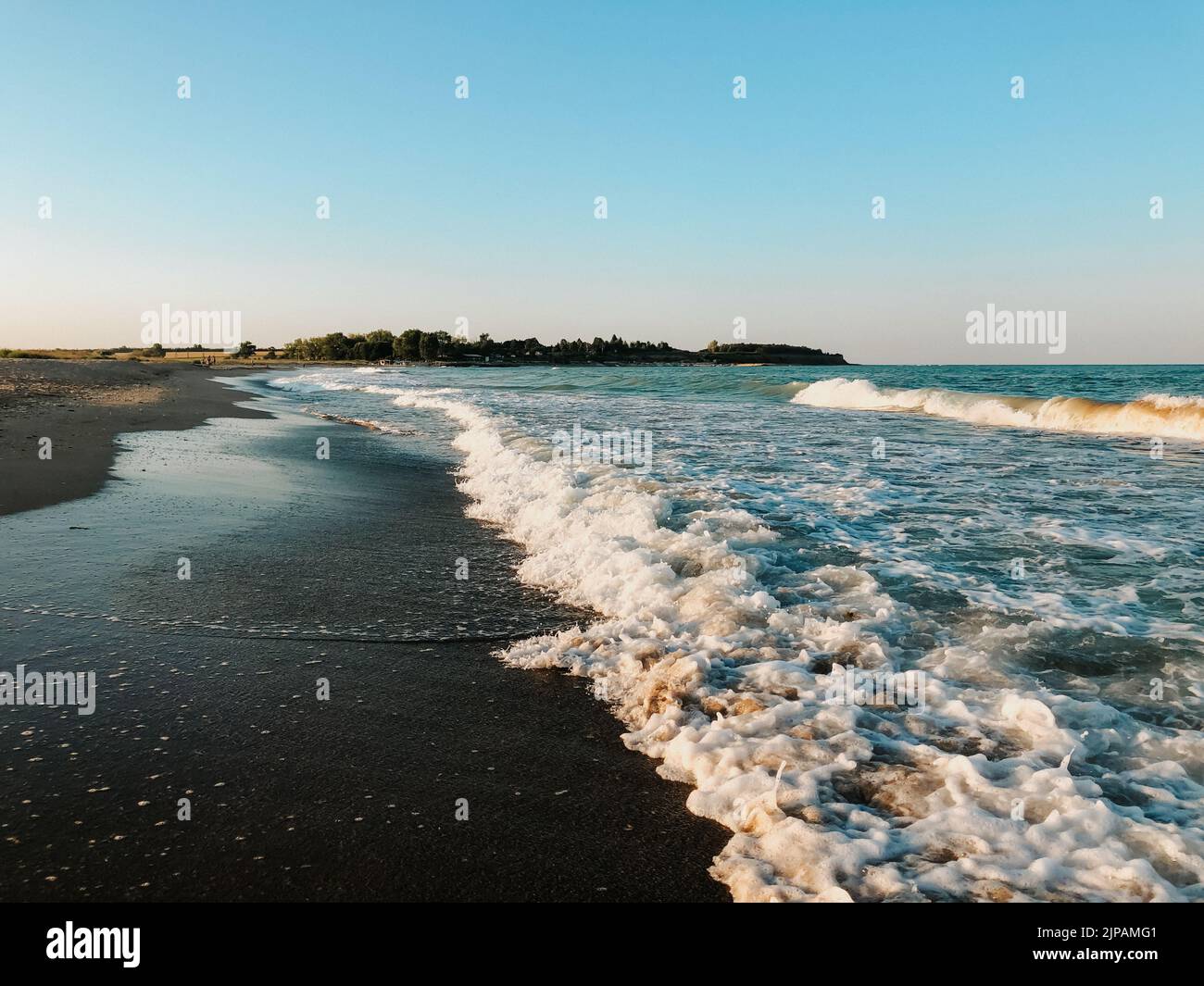 Sea blue aquamarine waves line sunny sand beach. Soft wave of ocean ...