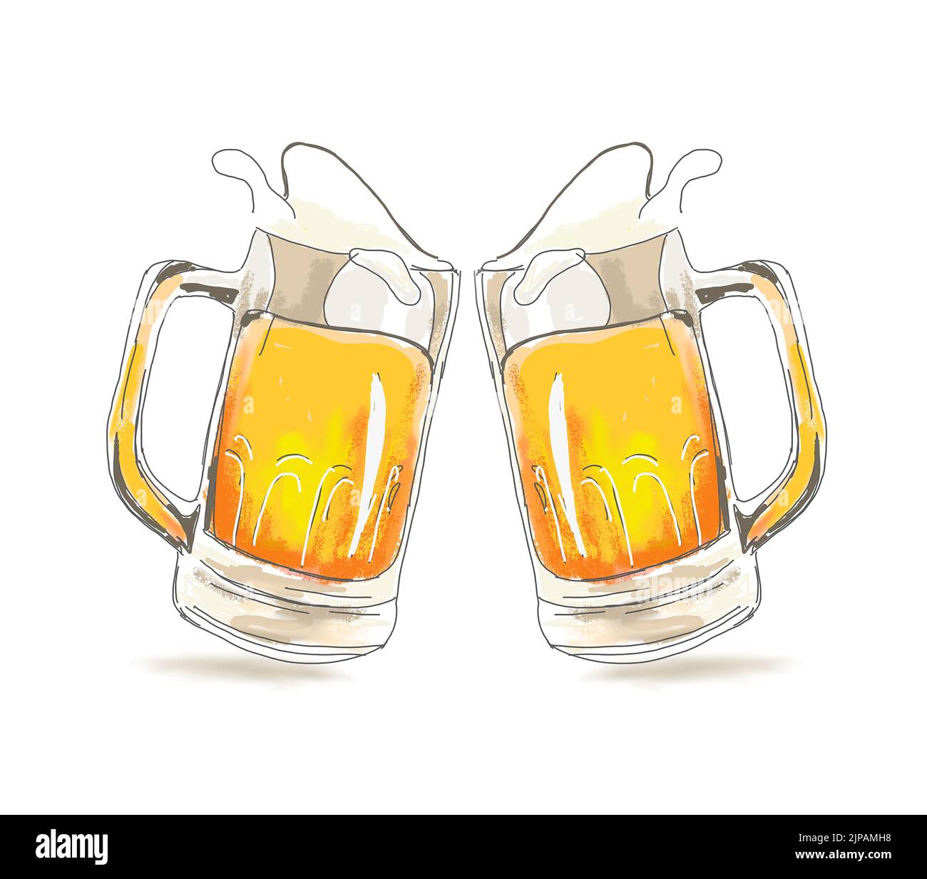 Two mugs of beer with foam in a transparent mug on a white background ...