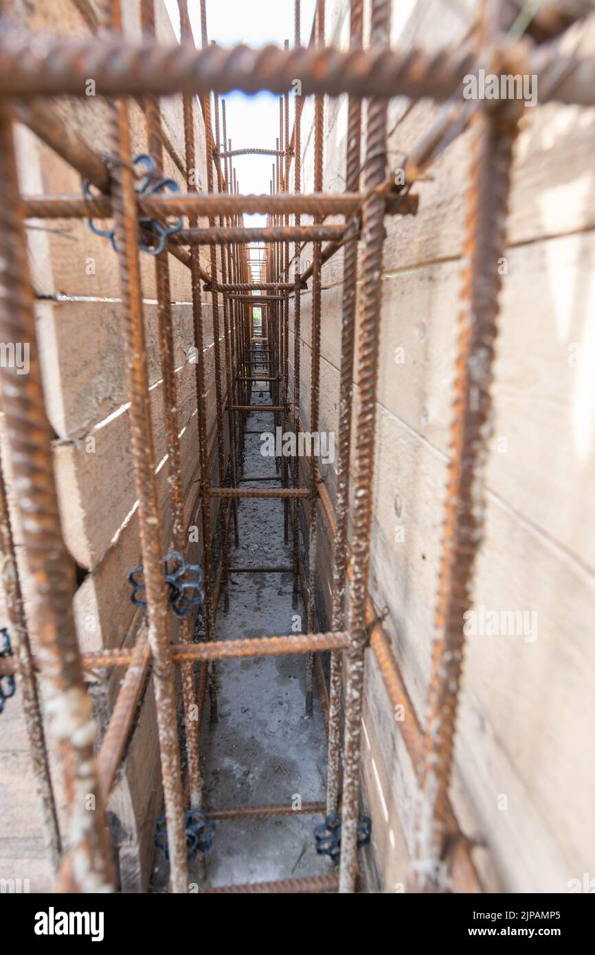 Tied rebar close-up before pouring strip footing Stock Photo - Alamy