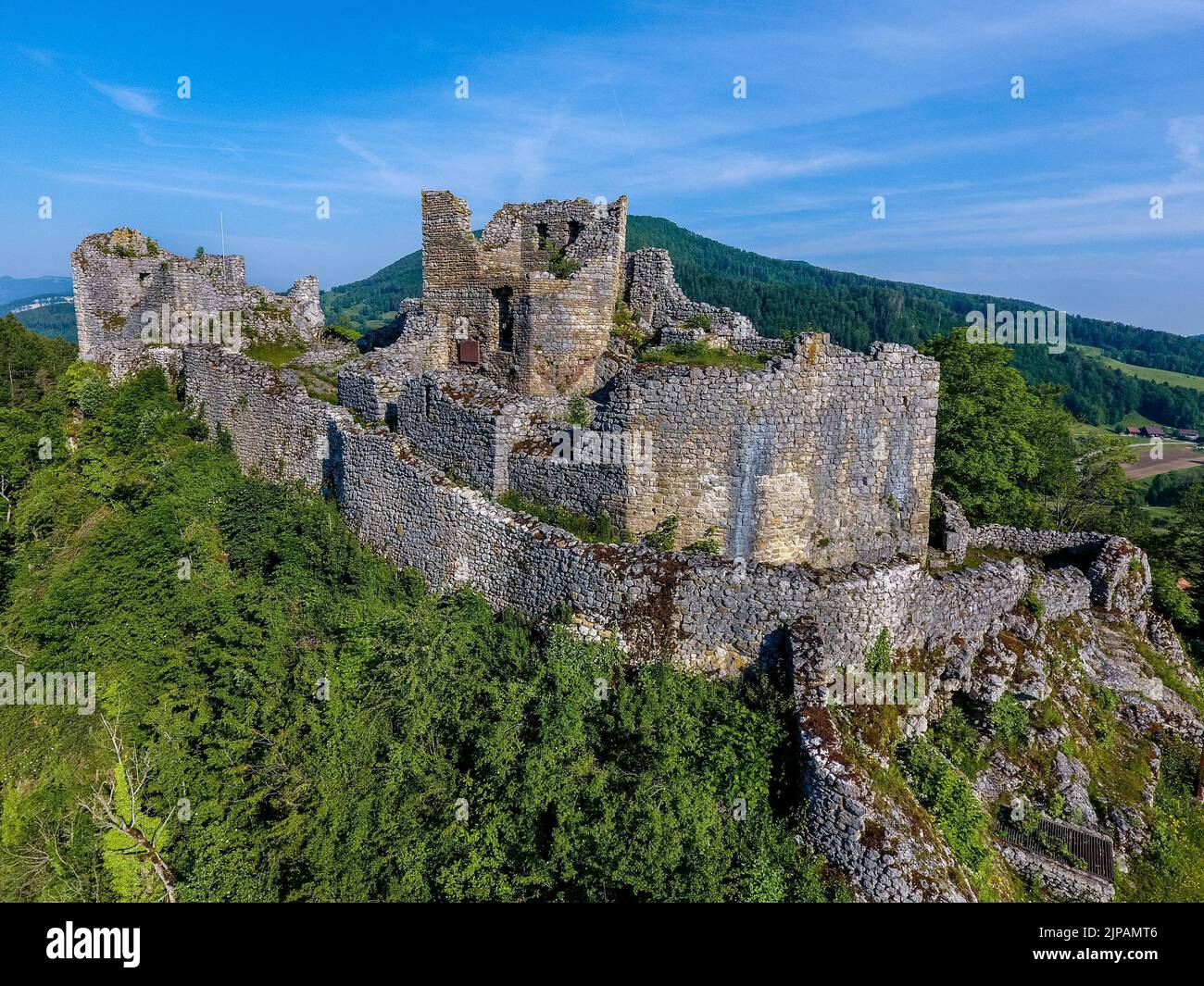 An aerial drone shot of the Ruins of Alt Bechburg Castle in Habsburg ...