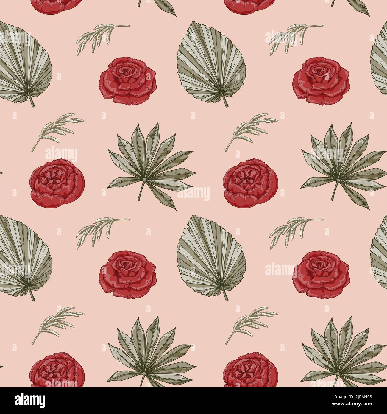 Vintage seamless pattern with roses. Boho wallpaper design. Hand drawn ...