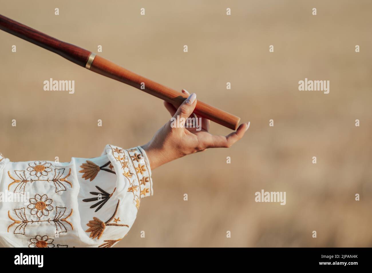 Only hand - woman plays on wooden flute - ukrainian telenka, tylynka in ...