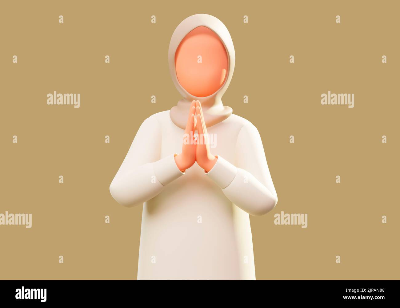 A 3d render of a woman in a hijab with folded hands in prayer on a ...