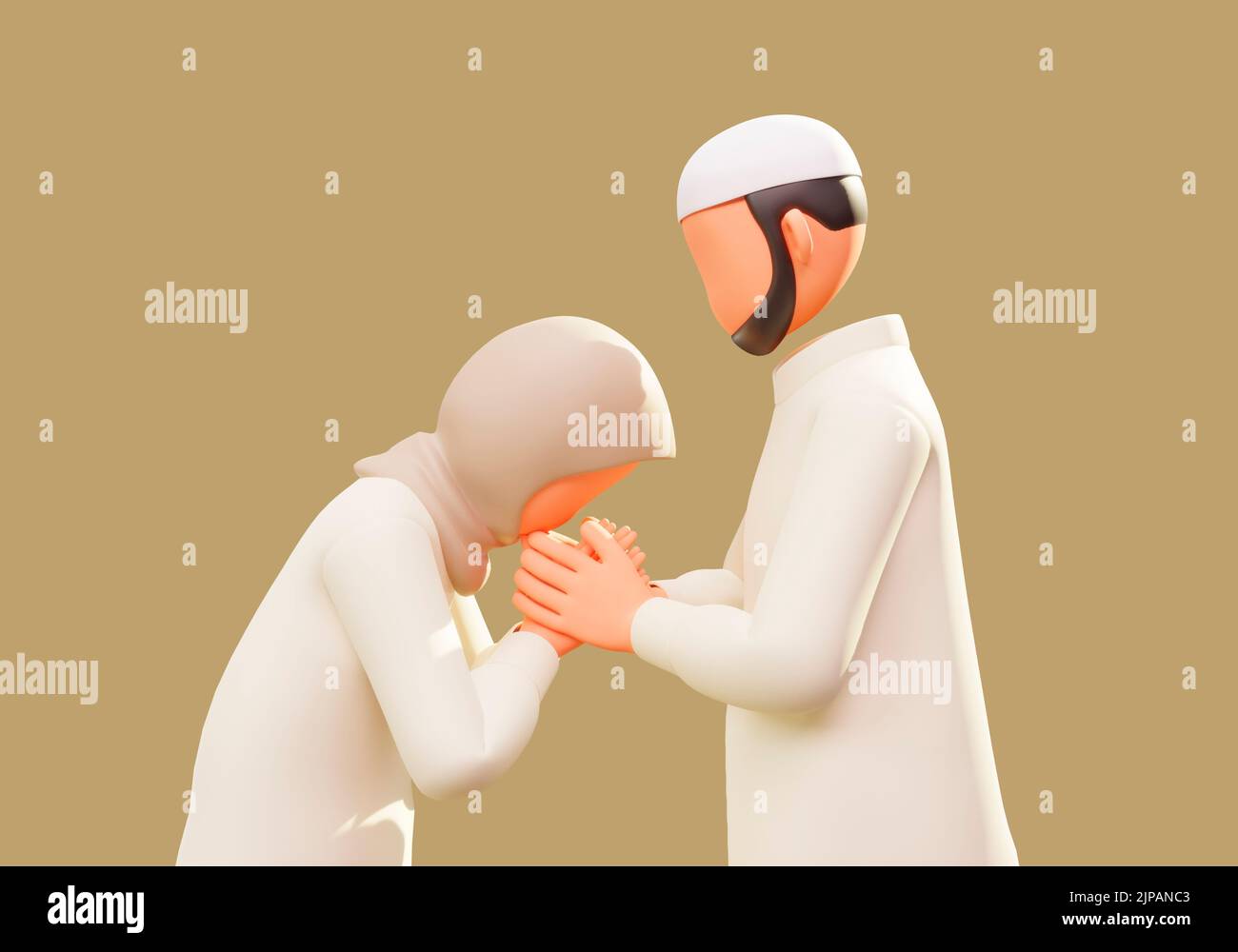 A 3d render of a Muslim woman kissing her husband's hands on a beige ...