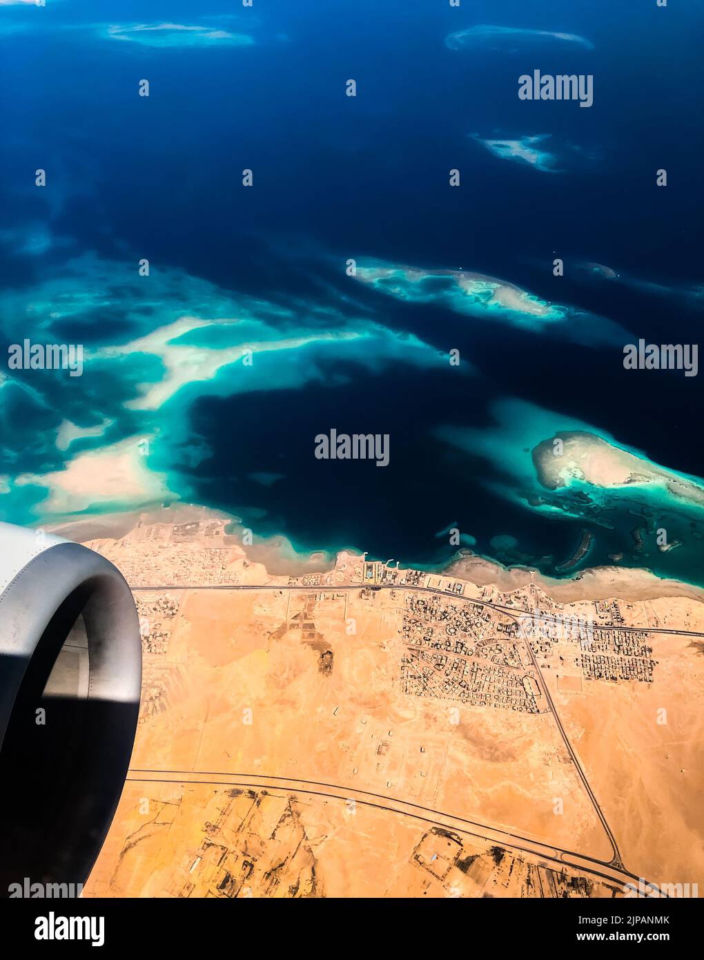 Aerial top view from airplane coastline Egyptian Desert islands. Red ...