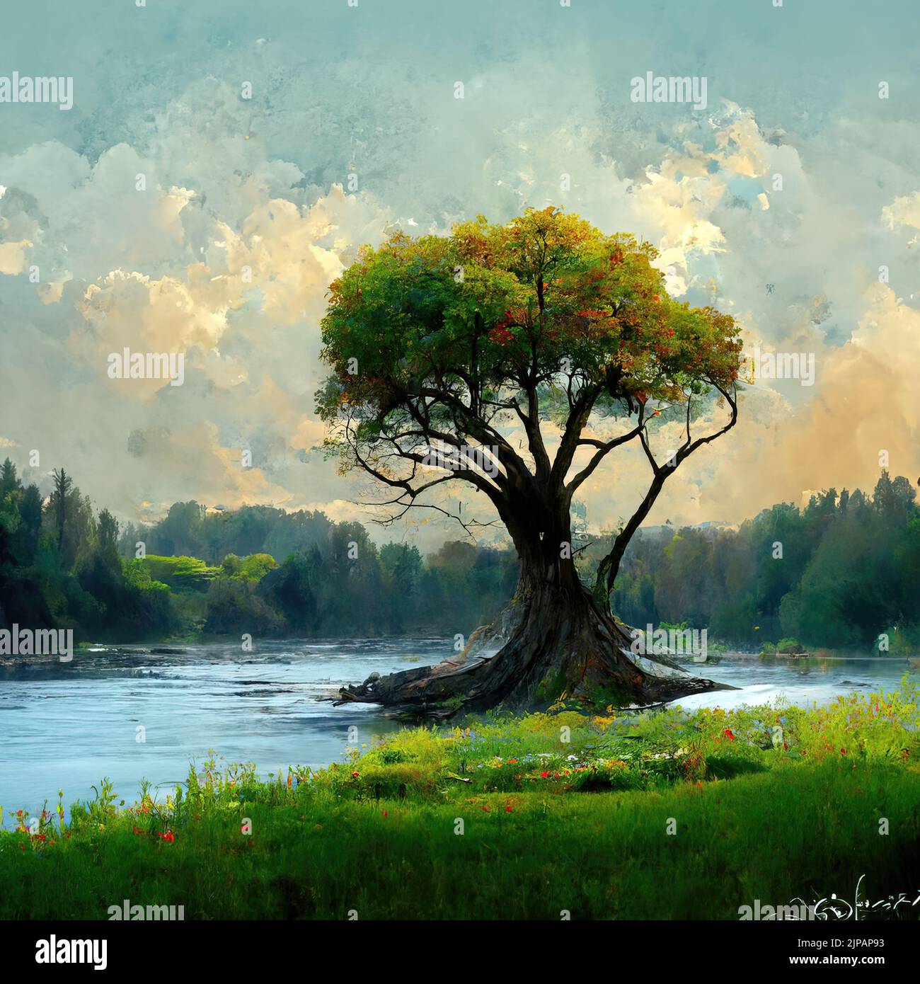 Digital painting of a peaceful nature scene, Illustration Stock Photo ...
