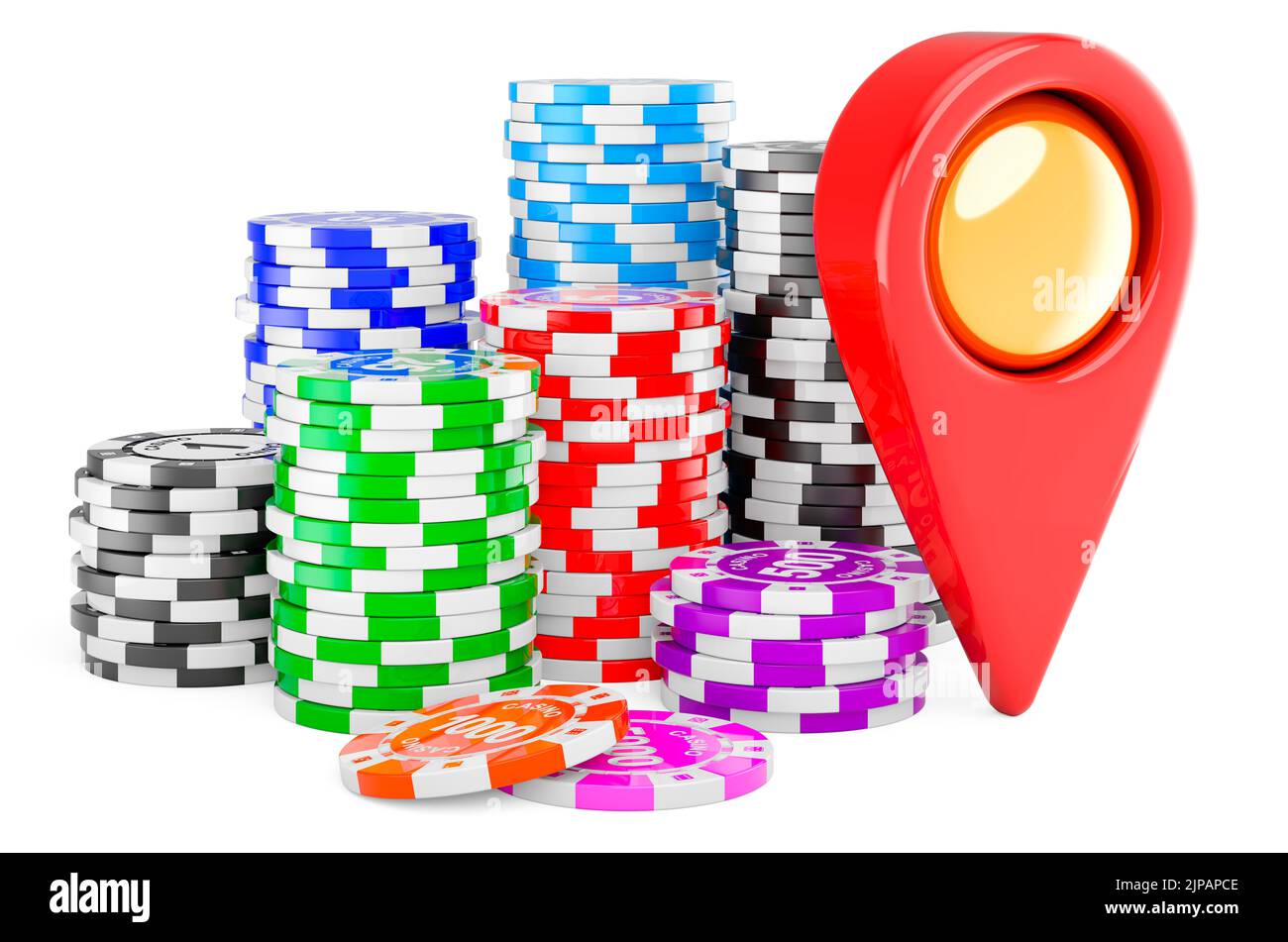 Casino tokens with map pointer. 3D rendering isolated on white ...