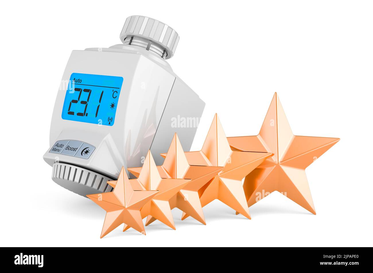 Digital radiator thermostatic valve with five golden stars. 3D ...