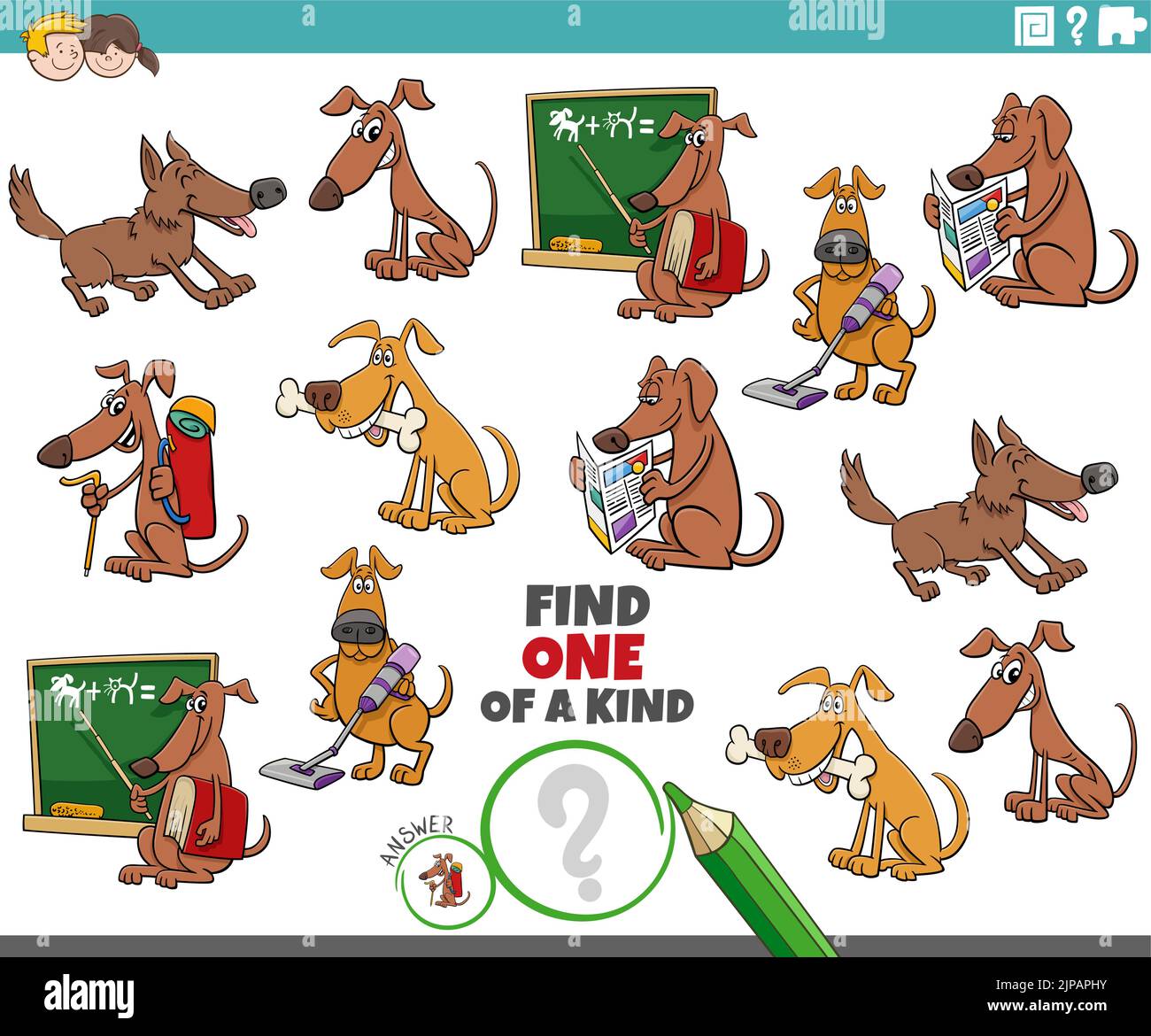 Cartoon illustration of find one of a kind picture educational task ...