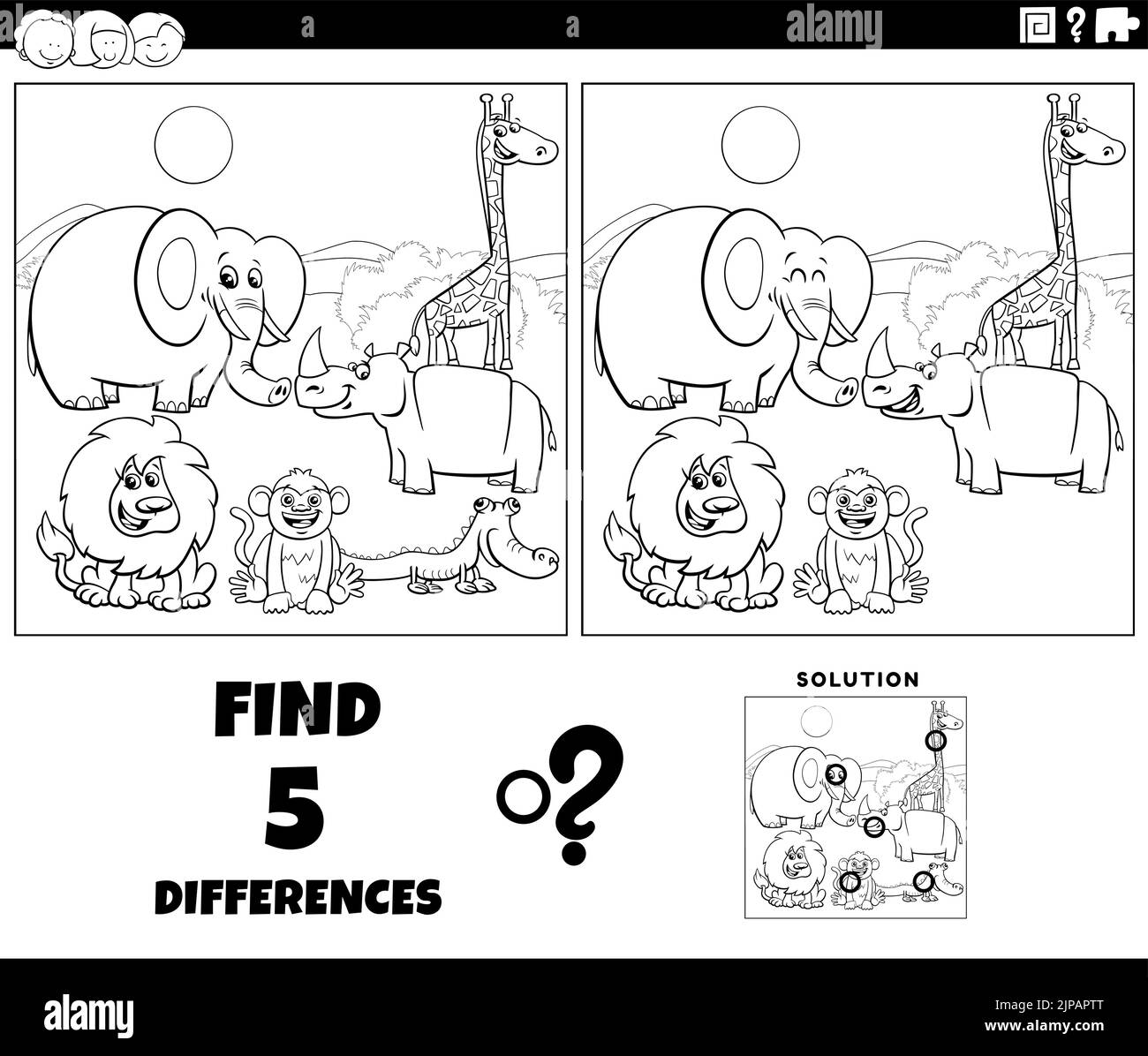 Black and white cartoon illustration of finding the differences between ...