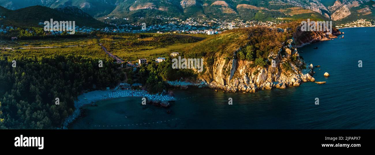 Aerial top evening view drone above Adriatic sea Montenegro. panoramic ...