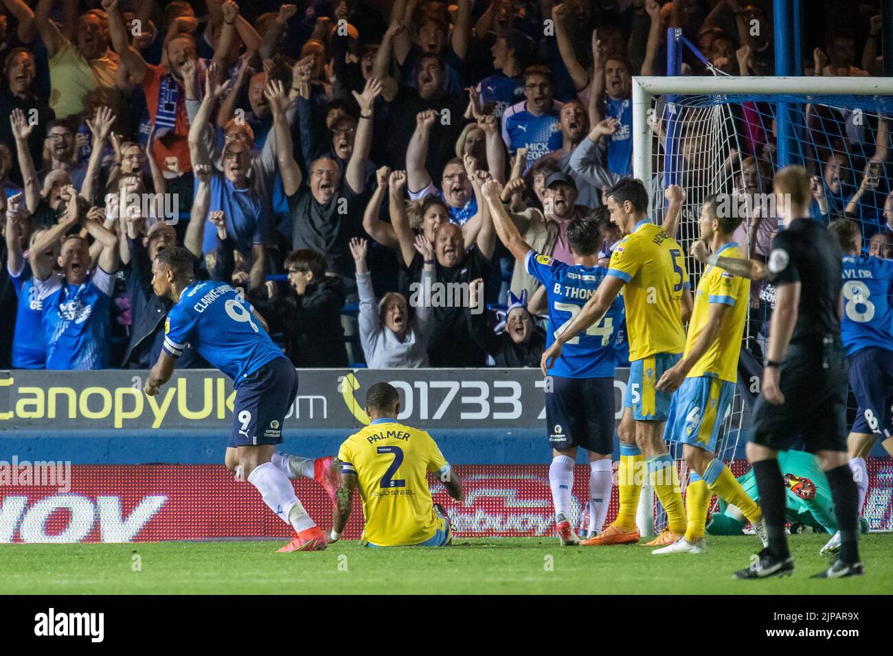 Jonson Clarke-Harris #9 of Peterborough United celebrates his goal and ...