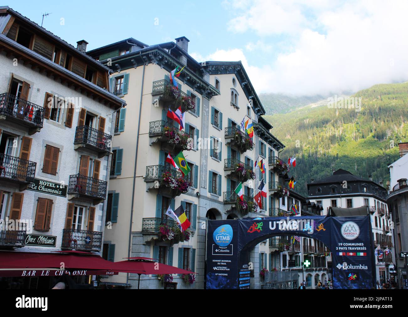 The finish line of the UTMB ultra marathon around Mont Blanc Chamonix ...