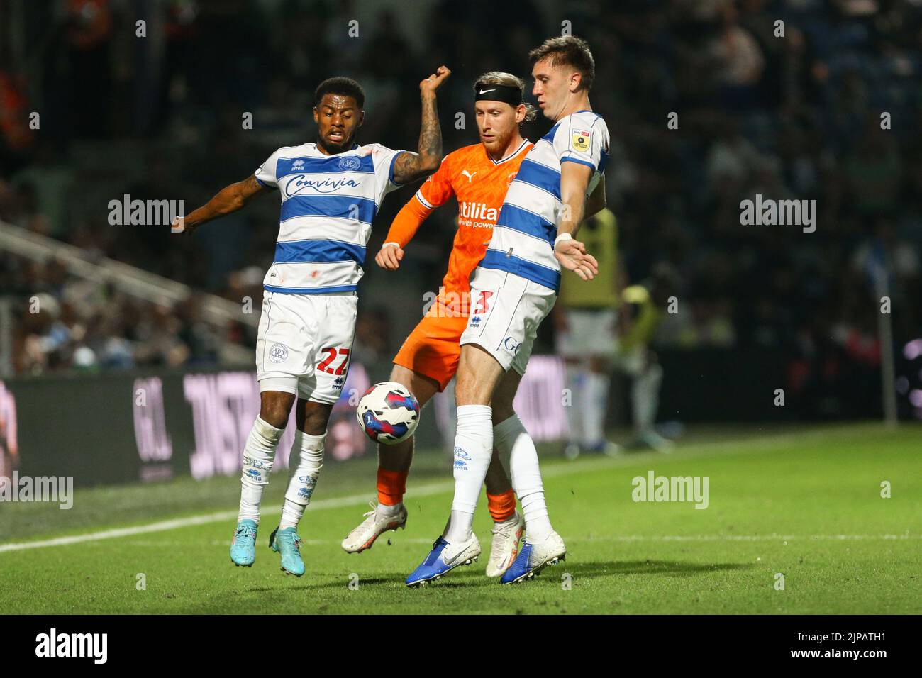 Josh Bowler #11 of Blackpool is crowded out by Kenneth Paal and Jimmy ...