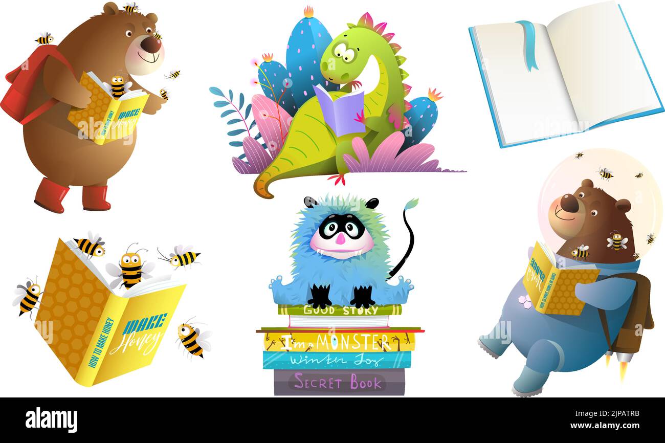 Animals Reading Books Collection for Kids Study Stock Vector Image ...
