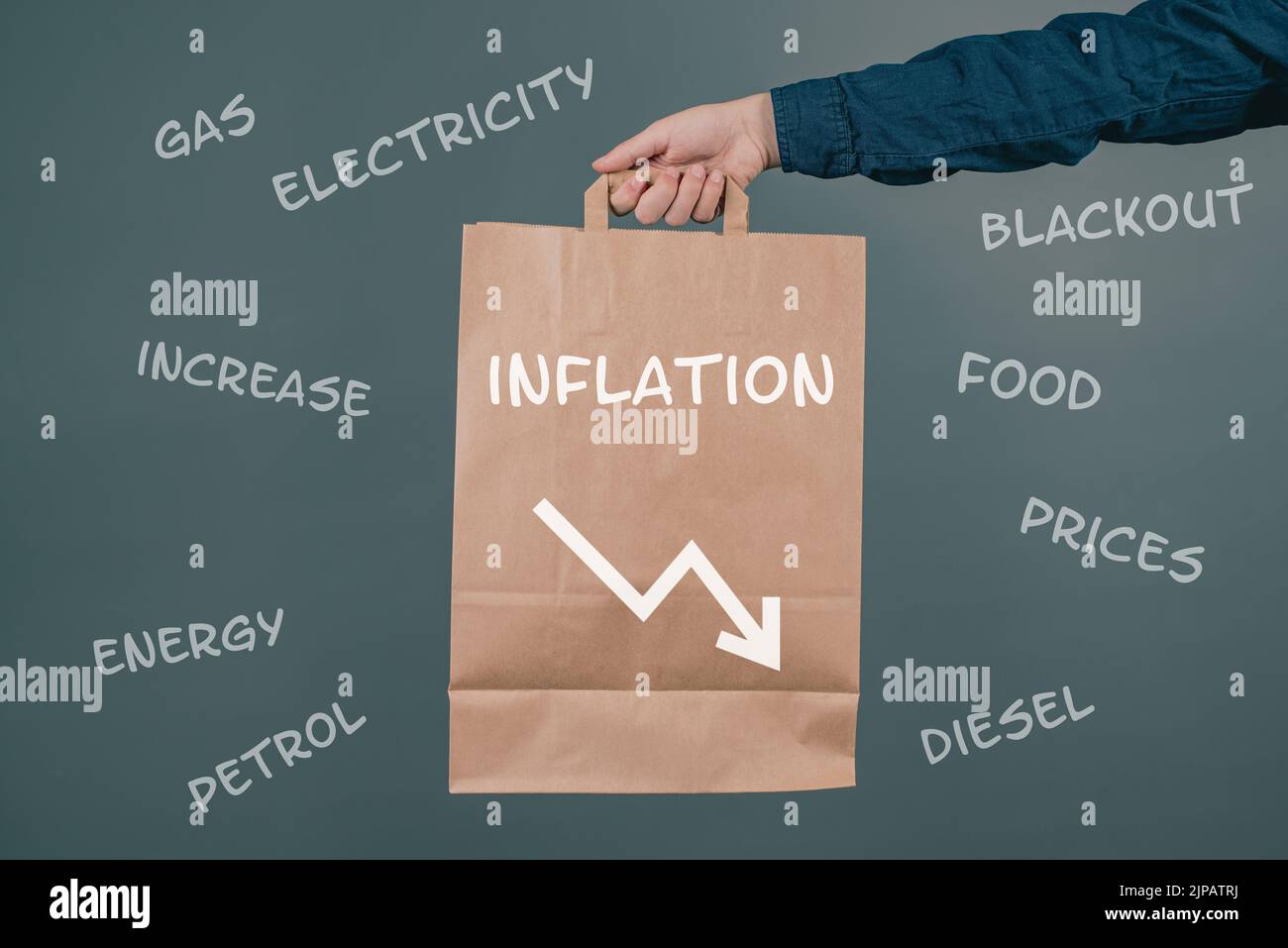 Inflation and financial crash, man holding empty shopping bag, economic ...