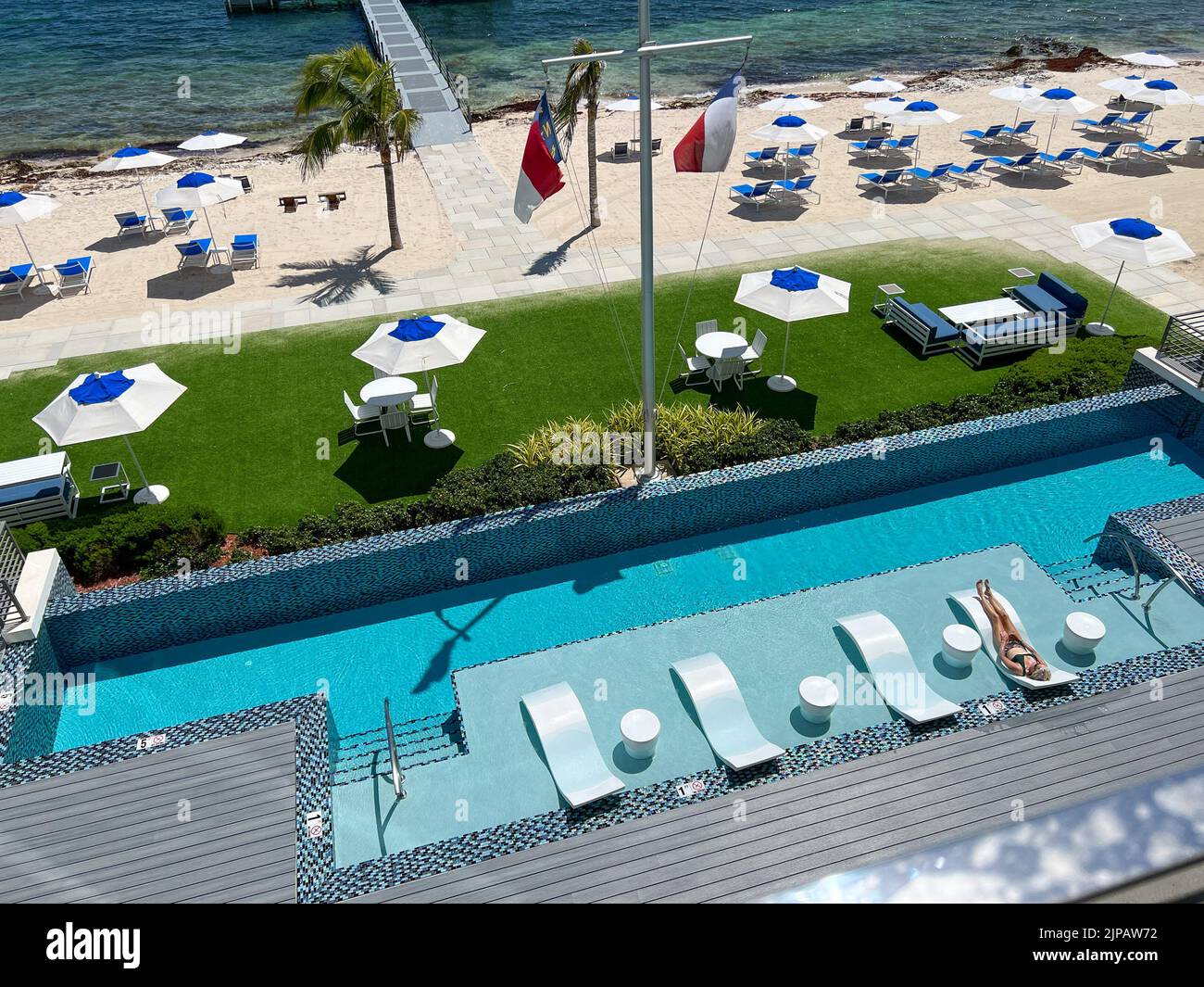 Cayman Islands - June 28, 2022: An aerial view of the Rum Point pool at ...