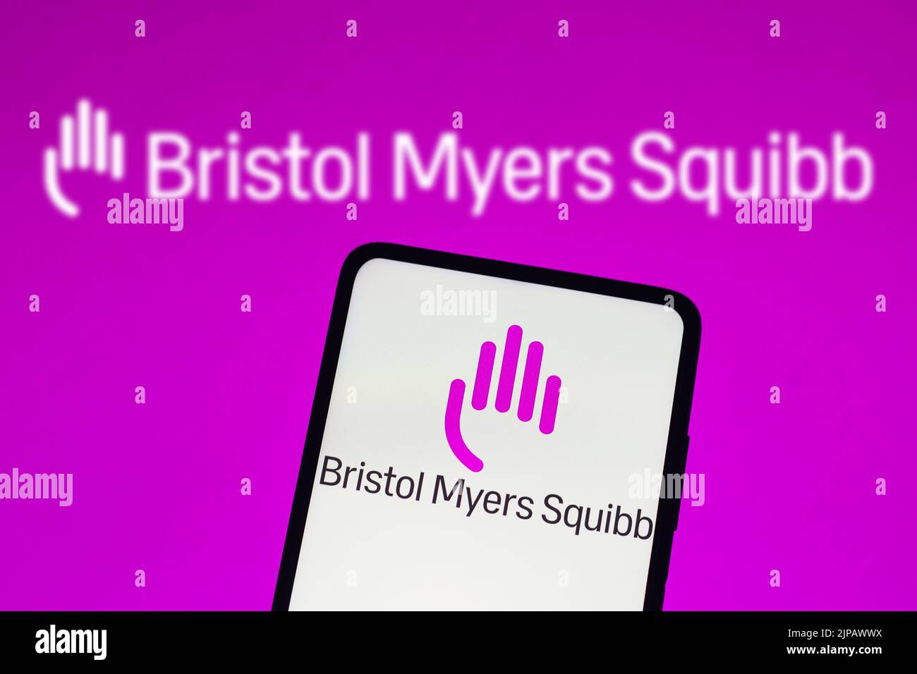 In this photo illustration, the Bristol-Myers Squibb (BMS) logo is ...