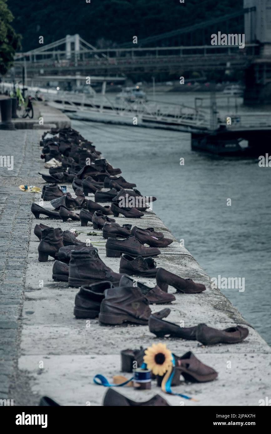 7 July 2022, Budapest, Hungary - Shoes on the Danube Bank, a memorial ...