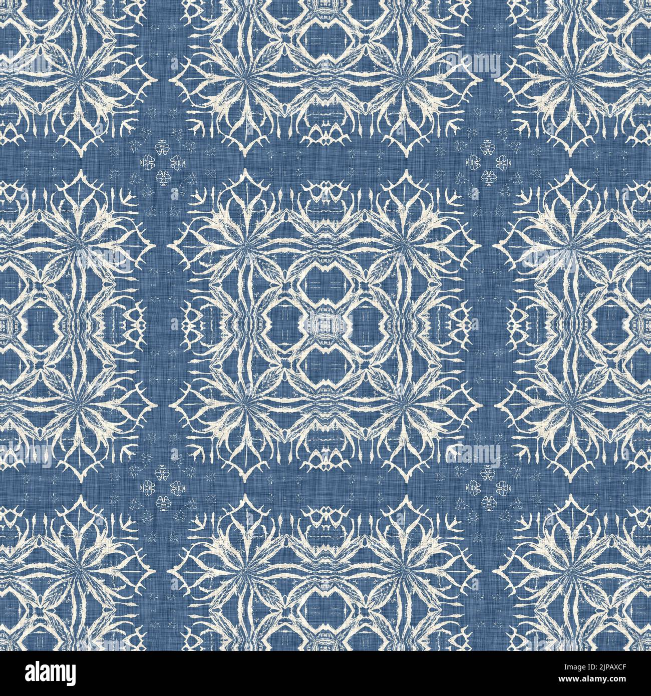 Farmhouse blue snow flake pattern background. Frosty batik damask ...
