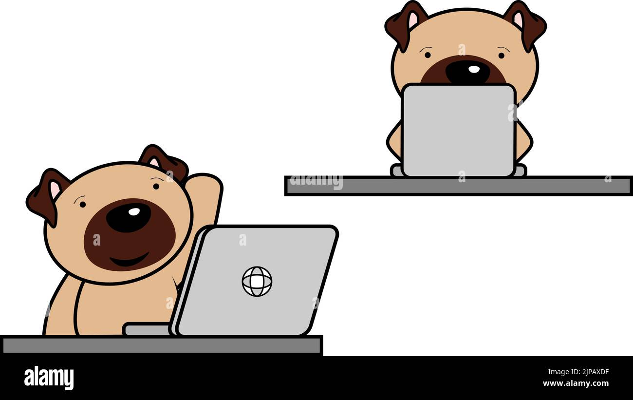 little pug dog kid character cartoon computer learning pack in vector ...