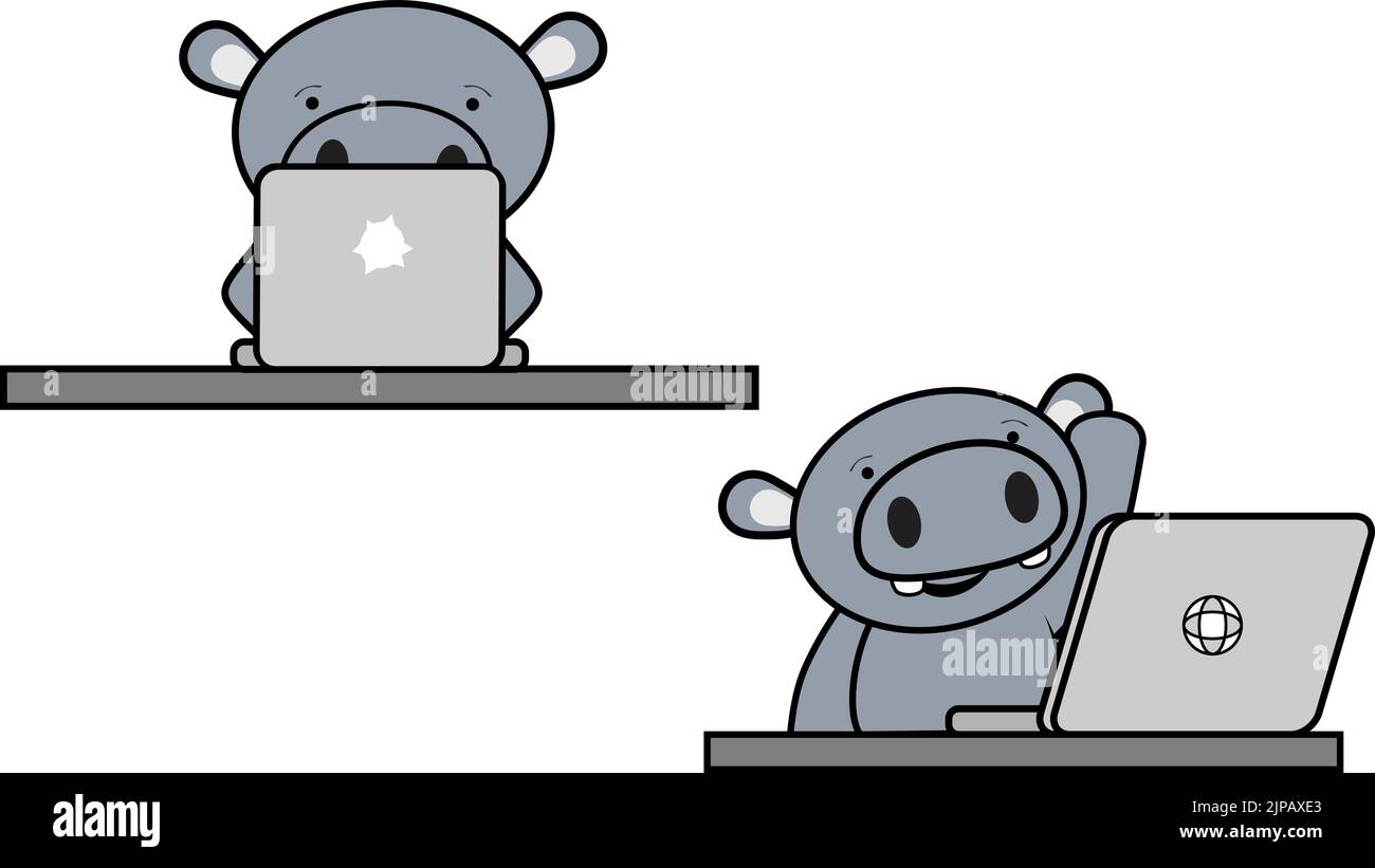 little hippo kid character cartoon computer learning pack in vector ...