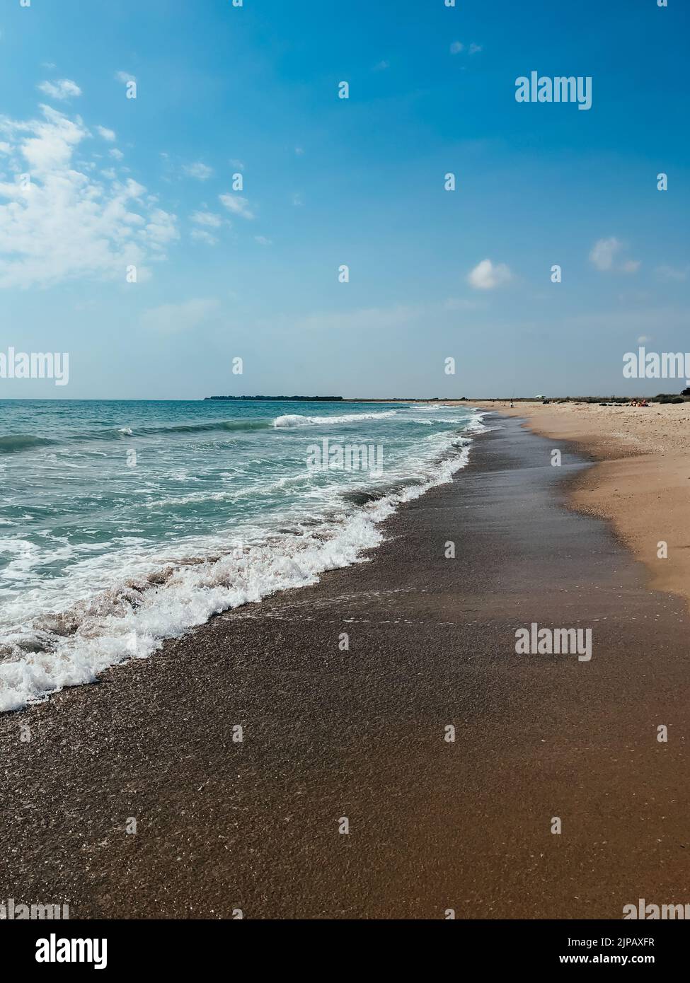 Sea blue aquamarine waves line sunny sand beach. Soft wave of ocean ...