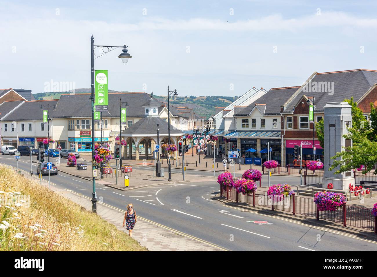 Castle Street and Castle Shopping Centre from castle bank, Caerphilly ...