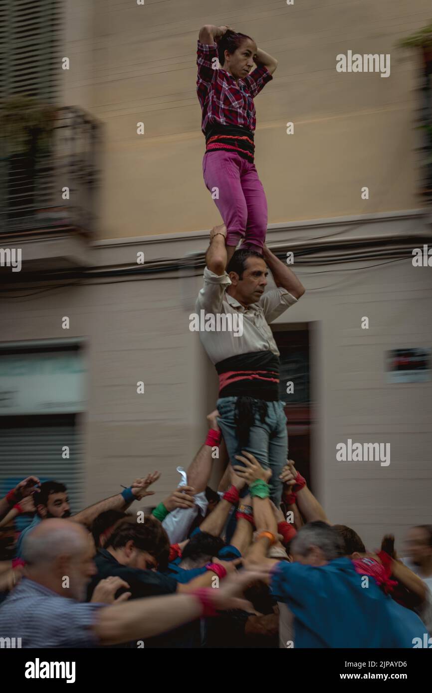 Barcelona, Spain. 16th Aug, 2022. The 'Castellers de Gracia' build a ...