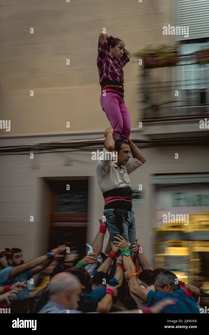 Barcelona, Spain. 16th Aug, 2022. The 'Castellers de Gracia' build a ...