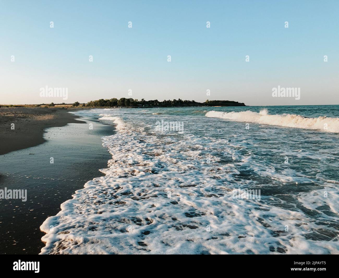 Sea blue aquamarine waves line sunny sand beach. Soft wave of ocean ...