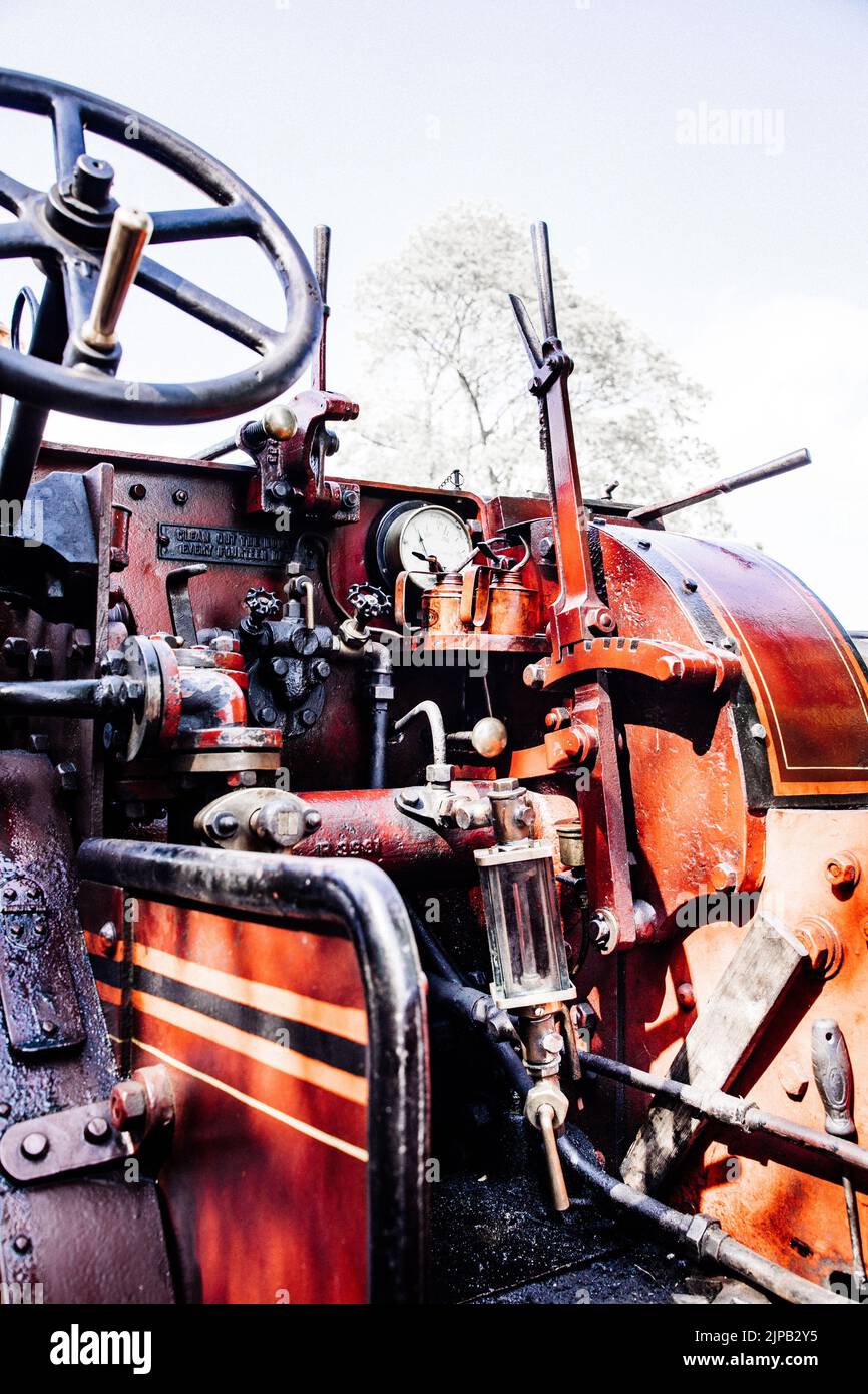 The cockpit of a vintage steam traction engine at Bicester Heritage ...