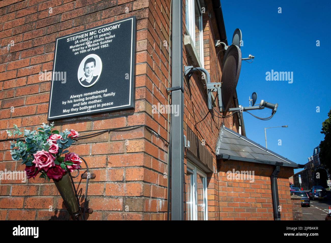 Plaque on Fahan Street, where Stephen McConomy was 11 when he was shot ...