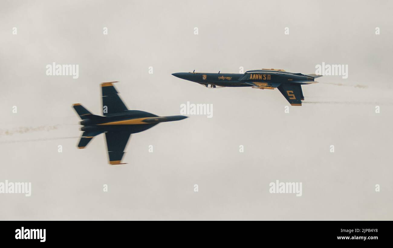 U.S. Navy Blue Angel F/A-18 Super Hornets perform aerial stunts at the ...